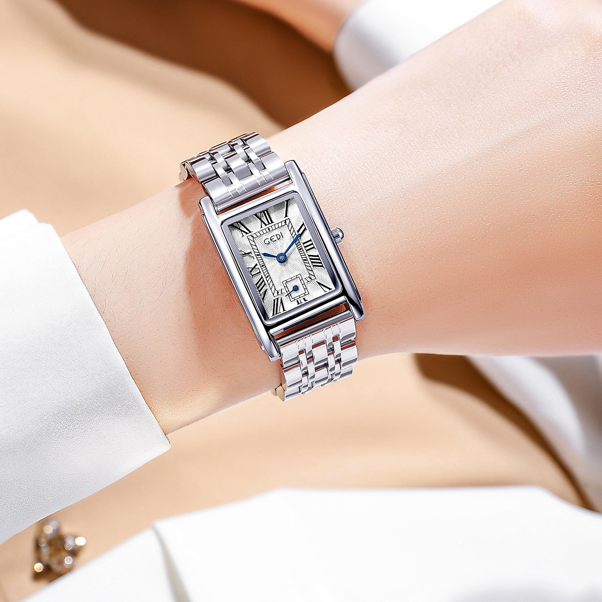 FANMIS Retro Women Watches Fashion Square Ultra-Thin Minimalist Ladies Dress Bracelet Watch Crystal Analog Quartz Watch Simple Waterproof Wristwatch Stainless Steel Band (Y Silver White)