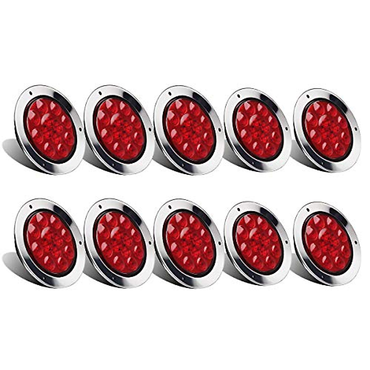 Partsam 10Pcs Red 4" Inch Round LED Trailer Tail Lights 12LED Flange Mount Stainless Steel Chrome Bezel Waterproof Stop Turn Tail Brake Lights Replacement for Trucks RV 12V