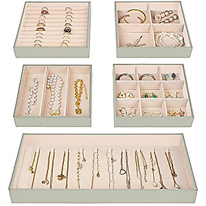 ProCase Jewelry Organizer Tray Drawer Inserts, Stackable Jewelry Drawer Dividers Container Necklace Display Trays Storage Box for Dresser Earring Rings Bracelet, Set of 5 - Grey