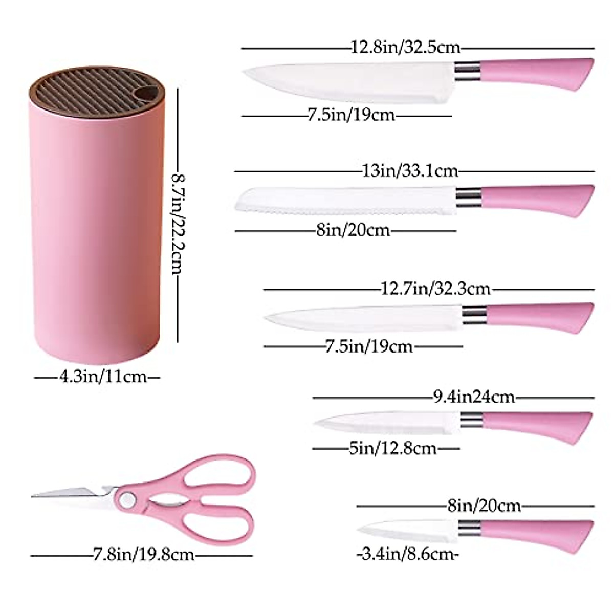 Kitchen Knife Set, Retrosohoo 7-Pieces Pink Non-stick Chef Knife Set with Storage Block, PP Handle Ultra Sharp Stainless Steel Cooking Knives with Gift Box for Girls Women (Pink)