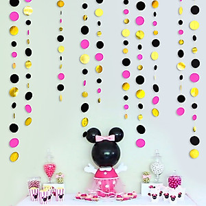 46 Ft Black Hot Pink and Gold Circle Dots Garland Hanging Paper Polka Dots Streamer for Birthday Bachelorette Engagement Wedding Baby Bridal Shower Anniversary Minnie Theme Party Decorations Supplies
