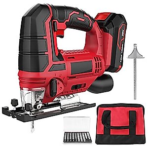 Jigsaw, 20V Cordless Jig Saws with LED, 10Pcs Blades, 4 Orbital Settings, Variable Speed, ±45° Bevel Cutting, Scale Ruler, Tool-free Blade Changing, Battery & Carrying Bag & Fast Charger Included（A）
