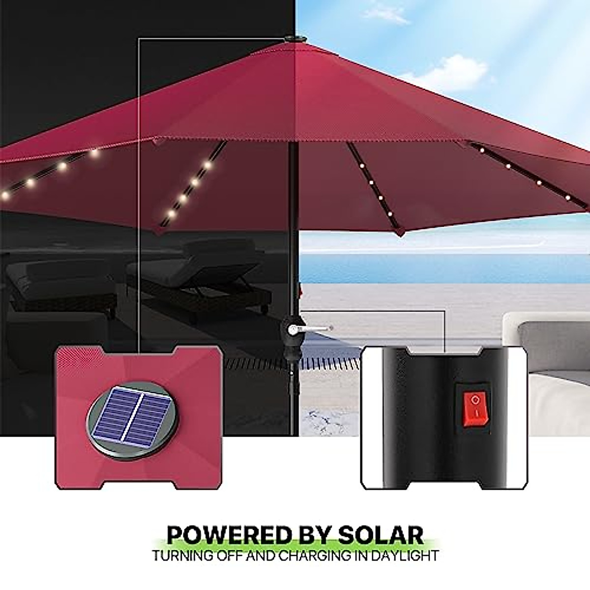 Magshion 9FT Solar Patio Umbrella with 32 LED Lights, Outdoor Market Umbrella with 8 Steel Ribs & Crank Lift, Windproof Sunshade for Garden, Deck, Backyard & Pool (Burgundy)