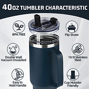 40 oz Tumbler with Handle and Flip Straw, 100% Leakproof Insulated Tumbler with Lid and Straw, Stainless Steel Insulated Travel Coffee Mug, Insulated Coffee Thermal Cup for Cold and Hot (Deep Blue)