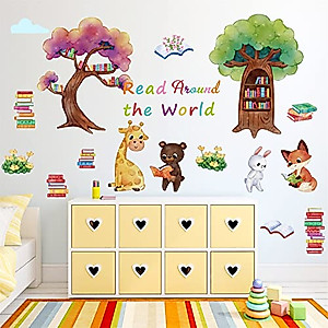 Colorful Inspirational Wall Decals,Reading Animals Wall Stickers Nursery Decor,Cartoon Tree Animal Wall Stickers Peel and Stick,Reading Wall Decal Baby Classroom Kids Room Bedroom Reading Corner Decor