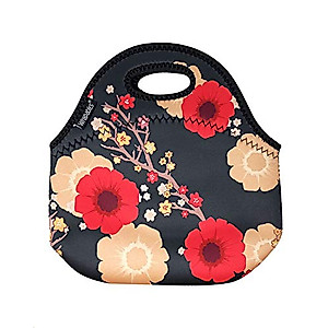 allydrew Insulated Neoprene Lunch Bag Zipper Lunch Box Tote, Blossoms Dark