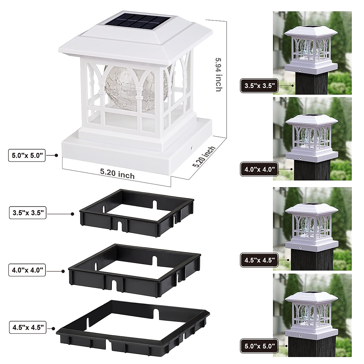 White Solar Post Lights Outdoor Fence Post Lights Fit 3.5x3.5 4x4 4.5x4.5 5x5 Deck Post Lights Solar Powered, RGB & Warm White, 20 LM 1000mAh Battery IP65 Waterproof, ABS Shell Glass Lens (12 Pack)