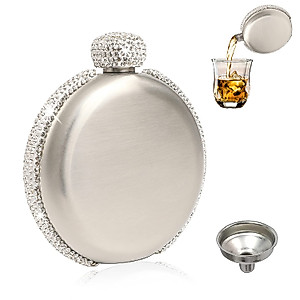 INTOR Hip Liquor Flask for Women, Leakproof Wine Flasks 304 Stainless Steel Rhinestone Portable Flask with Funnel, Women Girls Bling Gift(Silver/5oz)
