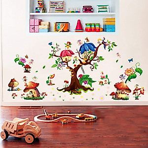 ufengke Fairy Garden Wall Stickers Tree Mushroom House Wall Decals Mural for Girls Bedroom Nursery Living Room