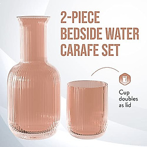 American Atelier Bedside Water Carafe with Tumbler | 28-Ounce Pitcher and Matching Drinking Glass | Use Cup as a Lid for Carafe | For Guest Room, Nightstand, Office, or Gift (Blush)