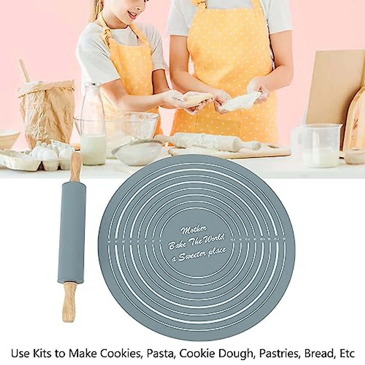 Non Stick Rolling Pin and Silicone Baking Mat, Round Non Stick Pastry Mat, Non stick Silicone Dough Rollers Set with Measurements Kneading Pastry Mat,Rolling Pin Pastry Baking Mat,Baking Tool(Grey)