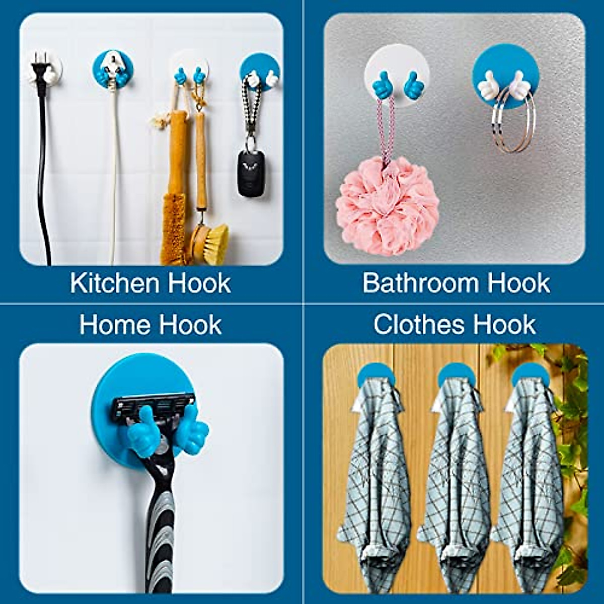 ASWANKA Utility Wall Hooks, Plug Storage Hooks, Damage Free Adhesive Wall Hooks for Hanging, Wall Hangers Without Nails for Hanging in Living Spaces, Kitchen, Bathroom, 6pcs Mixed