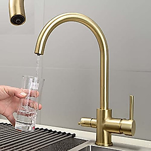 Techzm Tri Flow Water Filtration Kitchen Faucet 3 Way Water Filter Taps Brushed Golden