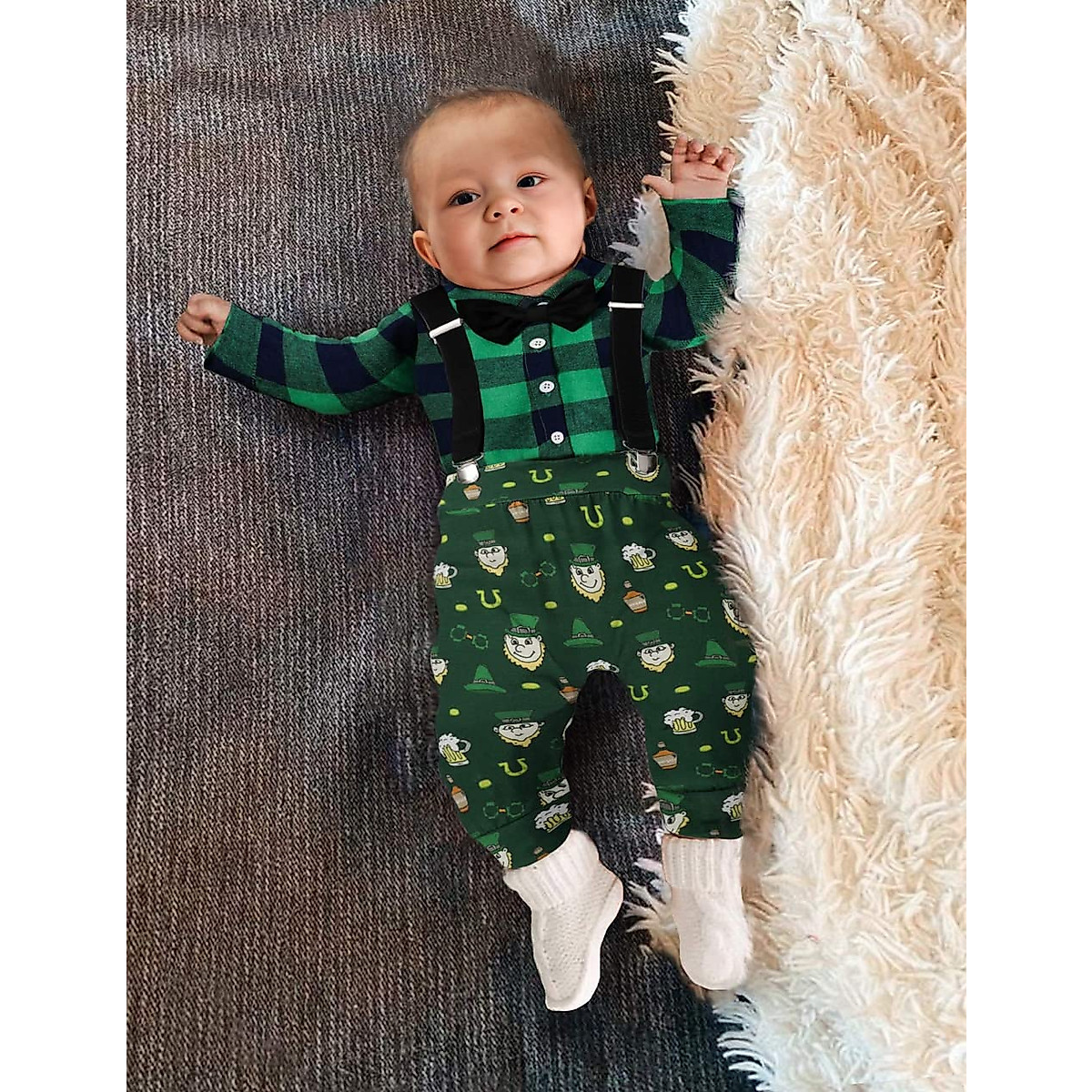 WIQI 6-12 Months Baby Boys My First St. Patrick's Day Outfit Infant Bowtie Bodysuit Pattern Suspender Pants Clothes Set