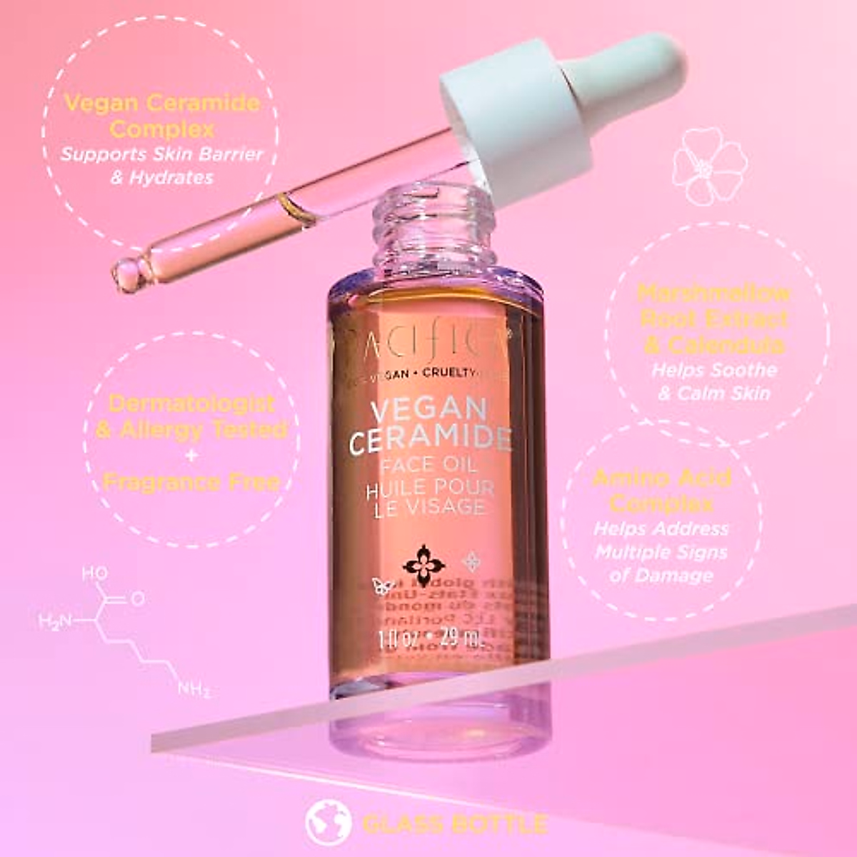 Pacifica Beauty, Vegan Ceramide Facial Oil, Hydrates + Soothes, Fast-Absorbing, For Dry Skin, Dermatologist Tested, Safe for Sensitive Skin, Fragrance Free, 100% Vegan + Cruelty Free