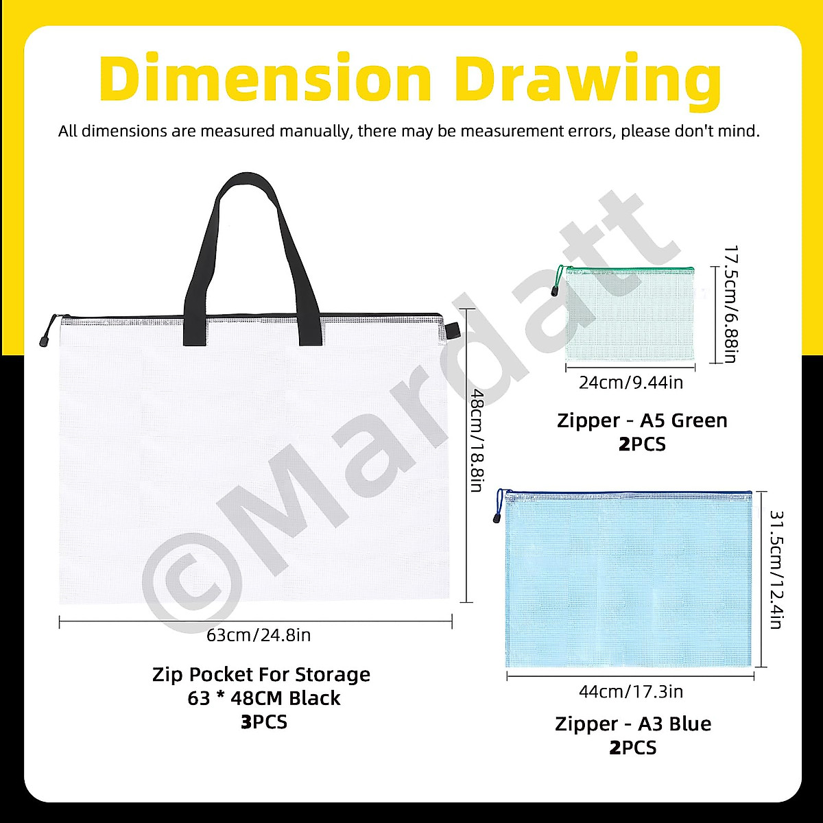 Mardatt 7Pcs 19” x 25” Art Portfolio Storage Bag with Handle and Zipper, 3 Sizes Waterproof Poster Storage Bag Mesh Folder Organizers Transparent Pencil Bag for Bulletin Board Painting