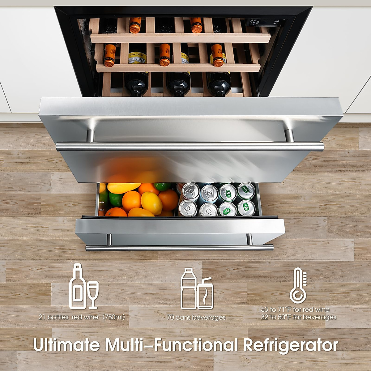 HCK Drawer Outdoor Refrigerator, 24 Inch Dual Zone Wine and Beverage Fridge with Weatherproof Stainless Steel, Under Counter Fridge, Separate Temperature Controls for Home, Patio, Commercial Use