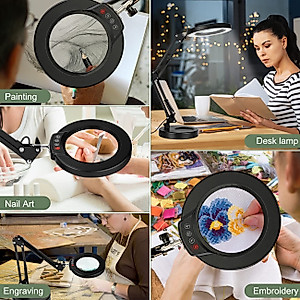 10X Magnifying Glass with Light and Stand, Upgrade Button 5 Color Modes Dimmable Lighting, Krstlv 2-in-1 LED Lighted Magnifier, Hands Free Desk Lamp with Clamp for Soldering Craft Hobby Close Work