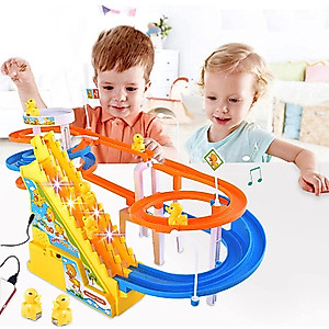 Small Ducks Climbing Toys, Electric Ducks Chasing Race Track Game Set, Playful Roller Coaster Toy with 8 Duck LED Flashing Lights & Music Button, Fun Duck Stair Climbing Toy for Toddlers and Kids (C)