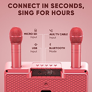 MASINGO Karaoke Machine for Adults and Kids with 2 Wireless Microphones, Portable Bluetooth Singing Speaker, Colorful LED Lights, PA System, Lyrics Display Phone Holder, and TV Cable. Presto G2 Pink
