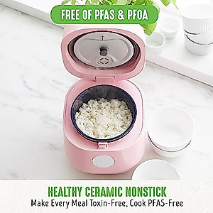 GreenLife Healthy Ceramic Nonstick 4-Cup Rice Oats and Grains Cooker, PFAS-Free, Dishwasher Safe Parts, Pink