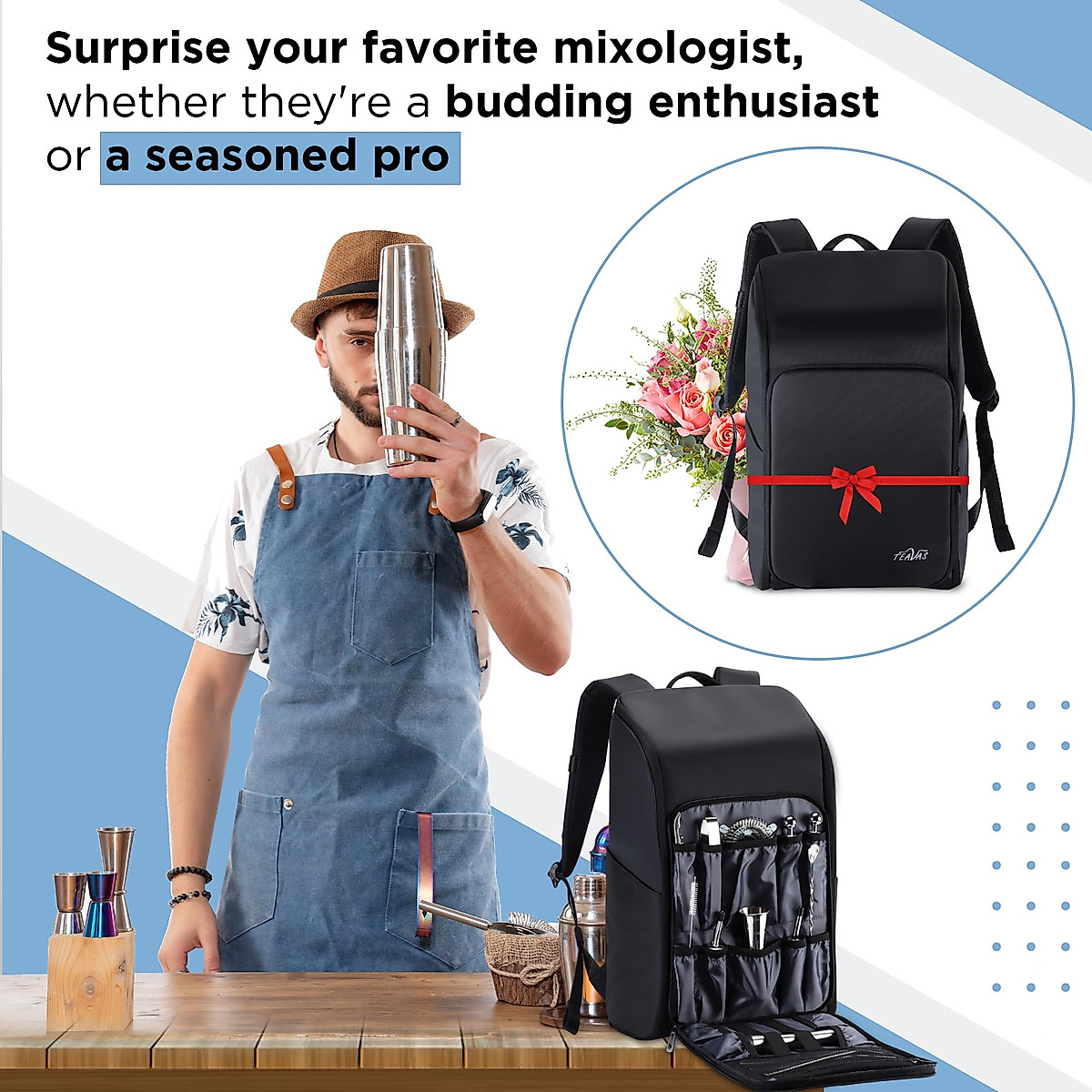 TEAVAS Large Bartender Bag- 16 Inch Portable Bar Bag Backpack, Travel Laptop Backpack, Portable Bartending Kit, Bartender Travel Bag for Carrying Accessories (BAG ONLY)