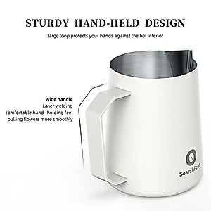 SearchPean 20oz Milk Frothing Pitcher, Stainless Steel Milk Frothing Pitcher, Milk Frother Cup Latte Art Barista Steam Pitchers Milk Jug Cup (600ml Latte Art) White
