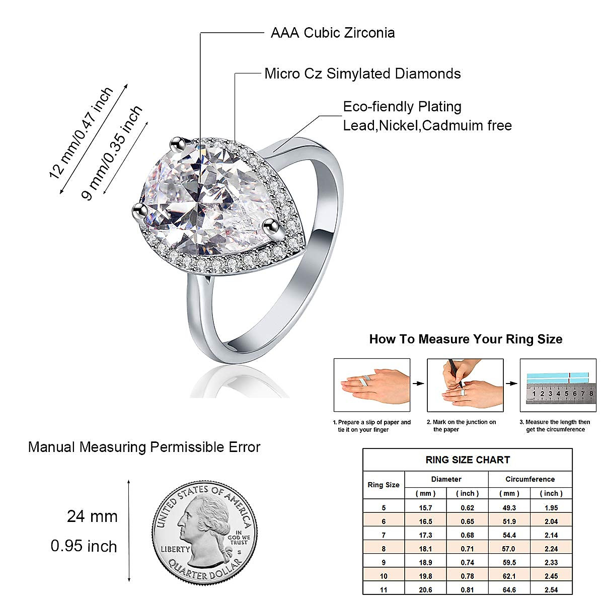 LAZLUVU 4.85CT Teardrop Shape Cubic Zirconia Ring Pear Cut Promise Engagement Rings for Her Solitaire Halo Teardrop Wedding Bands for Women Size 9