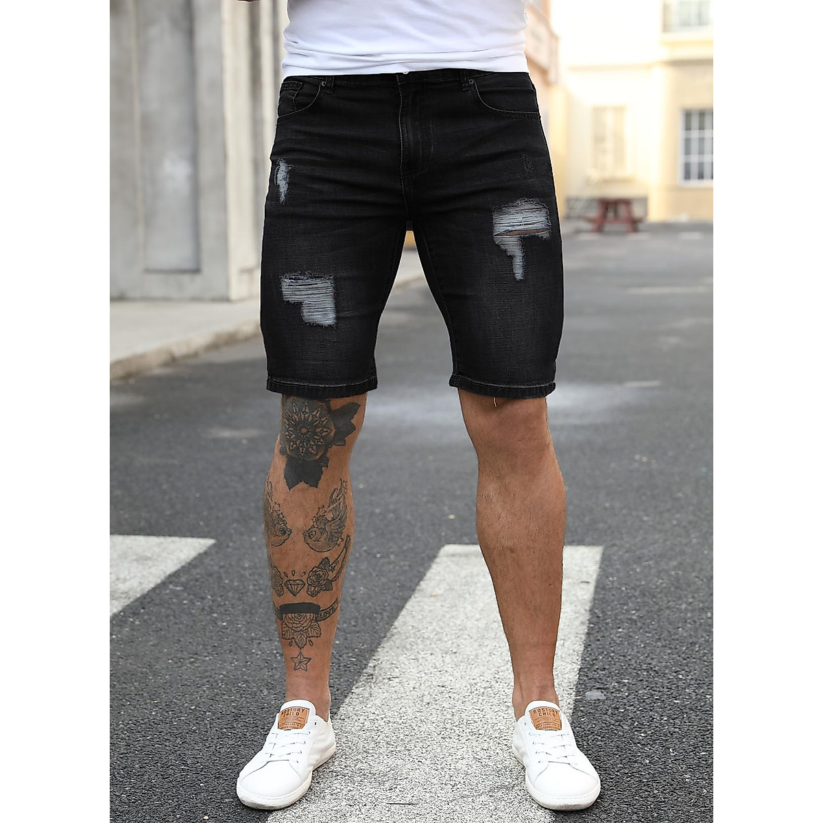 JMIERR Mens Shorts Casual Denim Stretch Slim Fit Washed Distressed Rolled Ripped Jean Shorts for Men US 36(L) Model B Black