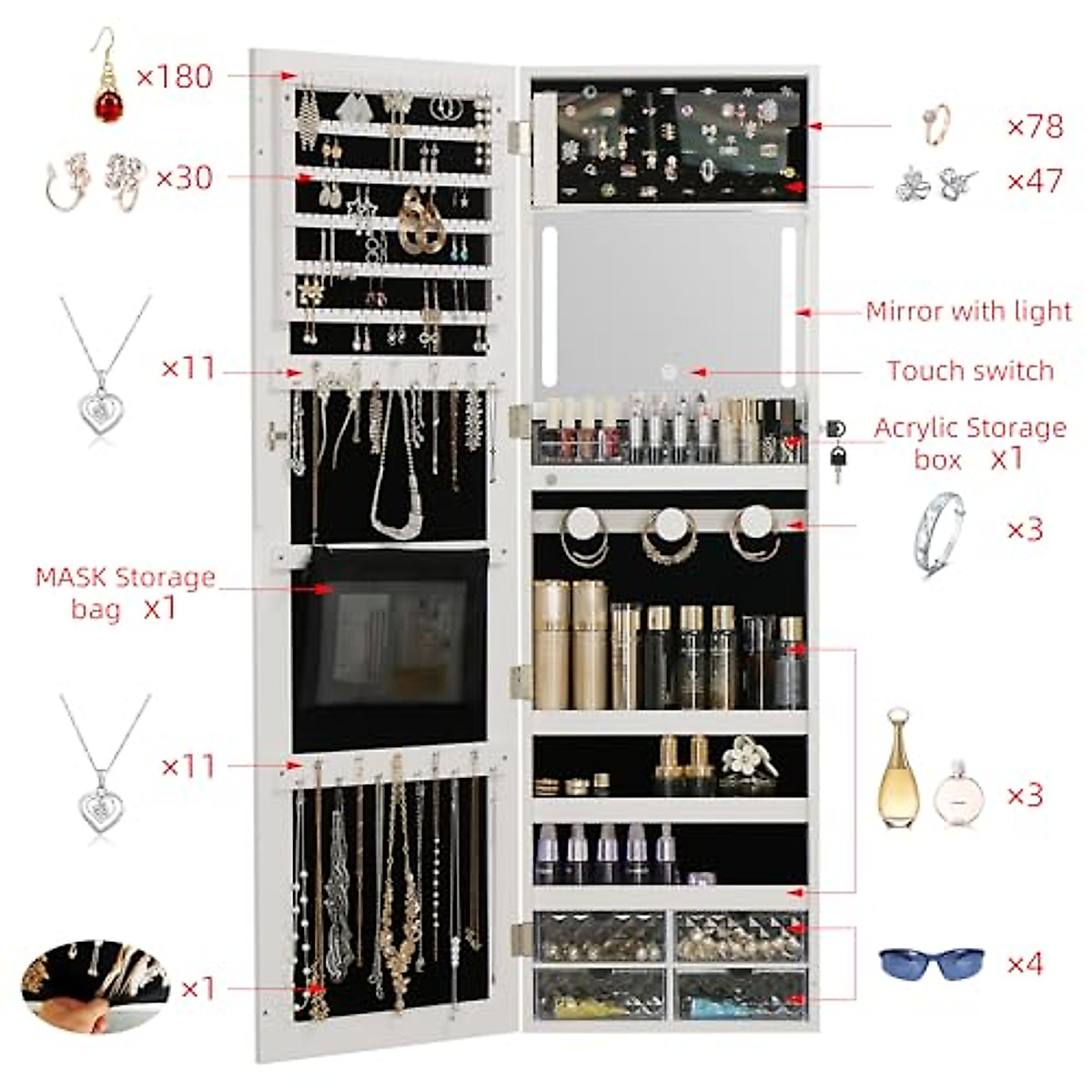 MASMIRE Jewelry Cabinet With Built-In Touch Light Mirror - 47.3" H Armoire With 4 Drawers, Wall/Over The Door Full Length Mirror With Storage - Off White