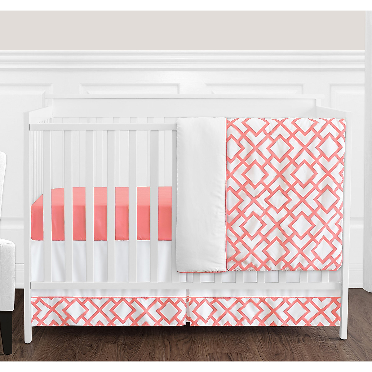 Modern White and Coral Diamond Geometric Girls Baby Bedding 4 Piece Crib Set Without Bumper