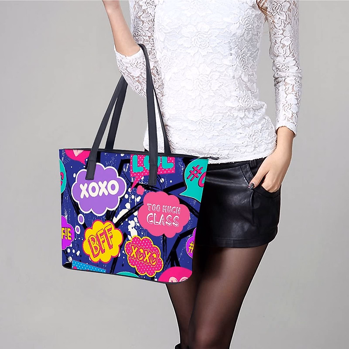 Womens Handbag Doodle Leather Tote Bag Top Handle Satchel Bags For Lady