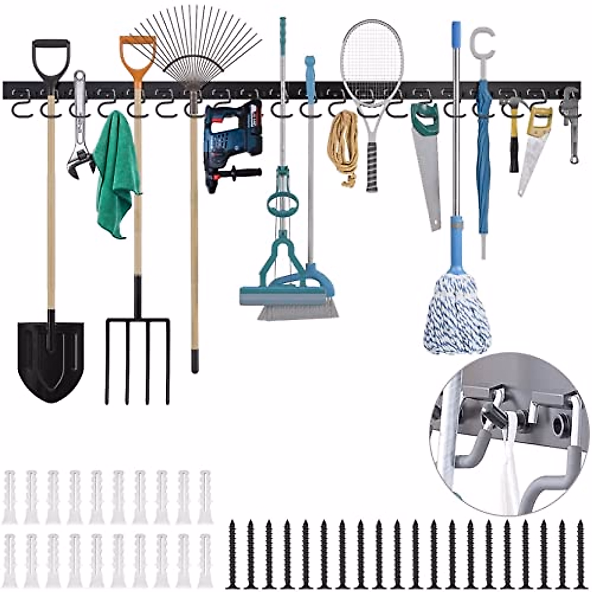 TORACK 64 Inch Garage Hooks Tool Organizer, Adjustable Wall Mounted Garage Hanger Storage System (16 Hooks & 16 Pegs)
