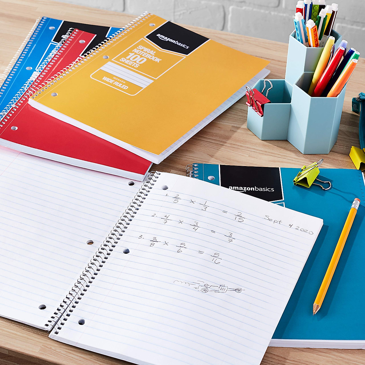 Amazon Basics Wide Ruled Wirebound Spiral Notebook, 100 Sheet - 5-Pack, Assorted Solid Colors