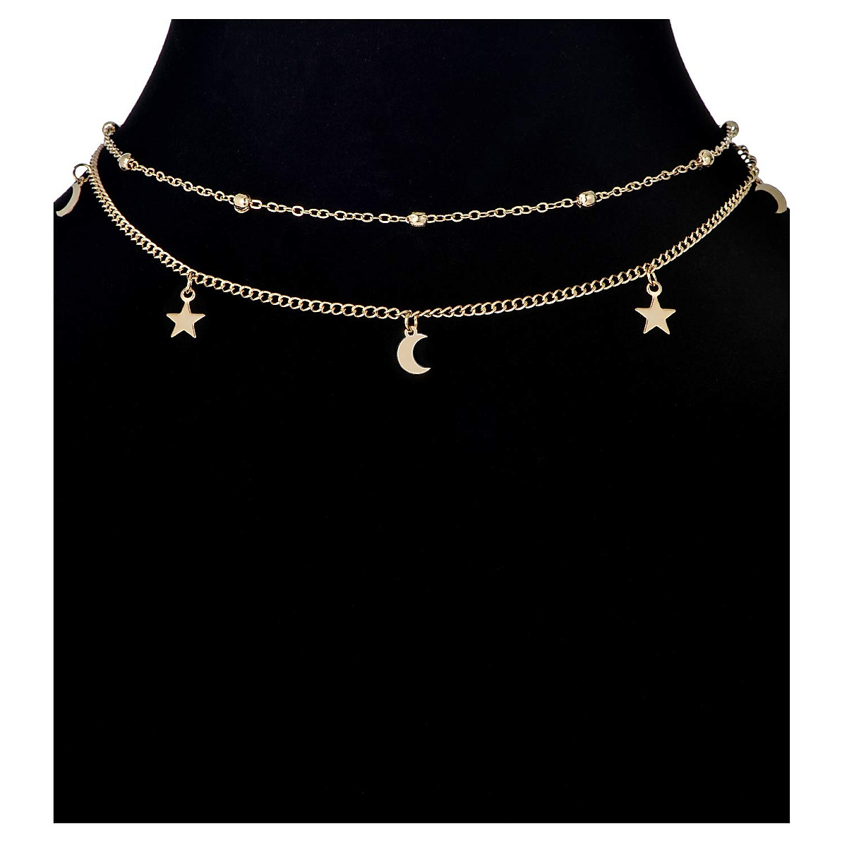 Ofeiyaa 12pcs Chain Gold Bead Necklace Coin Moon Star Pearl Pendant Chain Choker Multilayer Necklace Leather Cord Set for Women Men Gold Adjustable