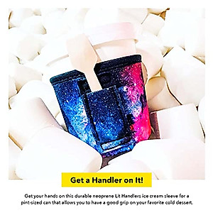 Lit Handlers Ice Cream Cooler Sleeve - Neoprene Pint Holder with Handle and Pocket - Tear Resistant Cooler - Machine Washable & Leak Proof Cup Cover for Frozen Desserts(Cowhide w/Turquoise Leather)
