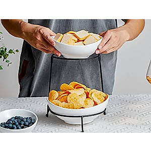 ONEMORE Tiered Serving Stand - 2 Tier Ceramic Chip and Dip Bowls with Collapsible Food Display Stand - Perfect for Parties, Buffets and Entertaining - White