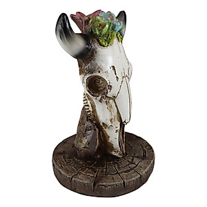 Ebros Gift Southwest Aged Bone Bull Cow Steer Head Skull with Floral Succulents Sculpture On Round Wooden Slice Base As Bisons Steers Cows Fossil Faux Taxidermy Rustic Western Decor Sculpture