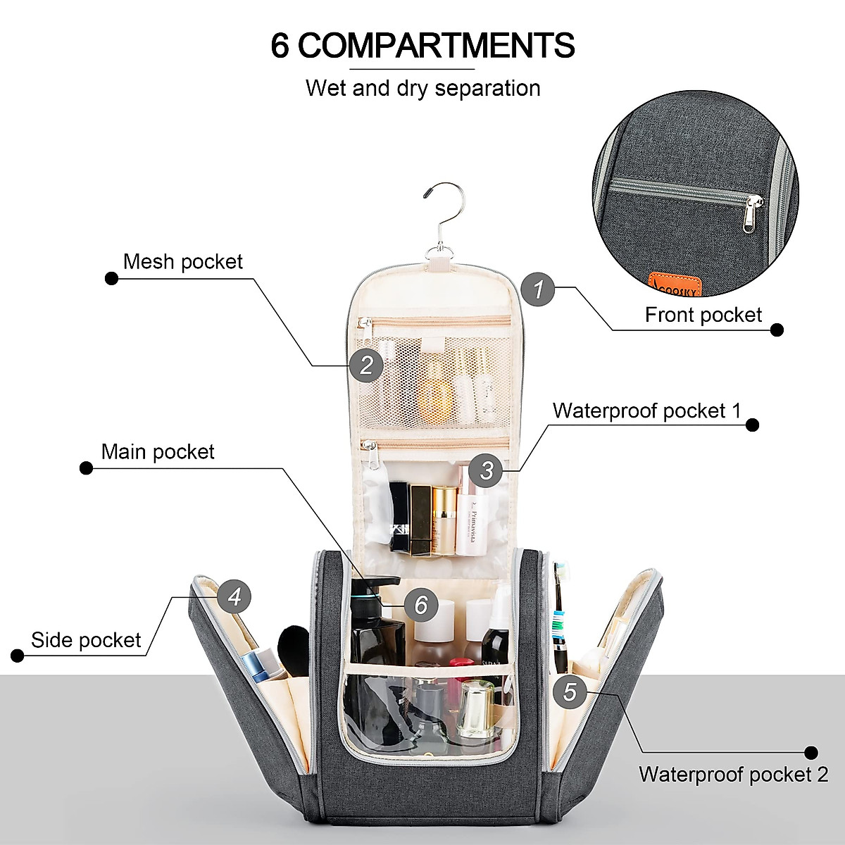 COOSKY Hanging Travel Toiletry Bag for Women and Men, 6 Organizer Compartments, Extra Large Toiletries Bag, Bathroom Cosmetic Bag, Water-resistant Makeup Bag, Holds Full-Size Shampoo, Grey