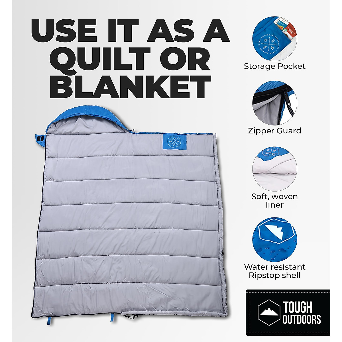 Tough Outdoors Extra Large Sleeping Bag - Adult Sleeping Bag Camping & Backpacking - 3-Season Fall, Spring, Summer Sleeping Bag - Lightweight Waterproof Compact Sleeping Bag w/Compression Sack