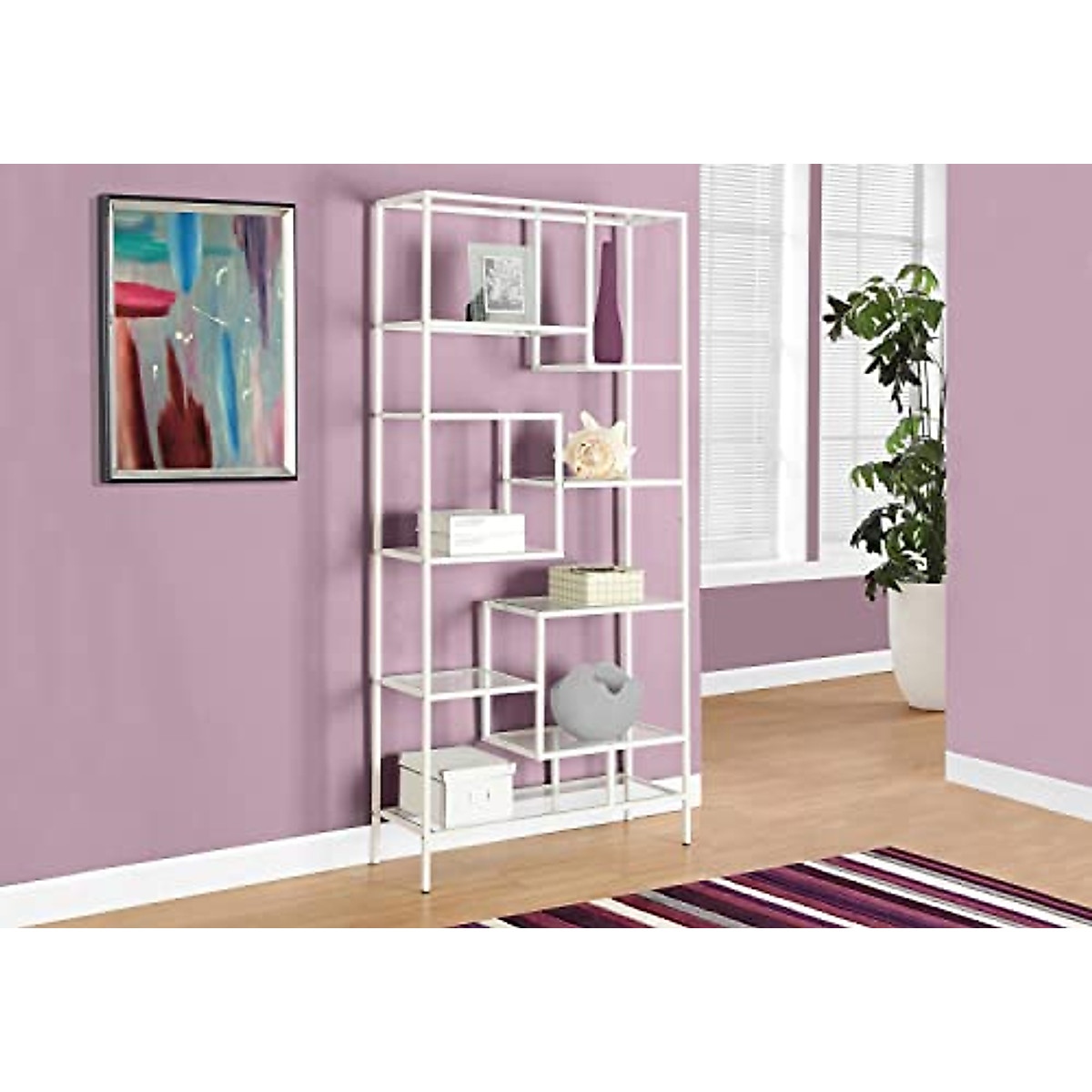Monarch Specialties 7159 Bookshelf, Bookcase, Etagere, Office, Bedroom, Metal, Tempered, Contemporary, Modern Bookcase-72, 32" L x 12" W x 72" H, White/Clear Glass