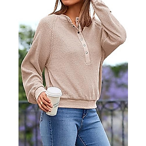 PRETTYGARDEN Womens 2023 Batwing Long Sleeve v Neck Sweater Drop Shoulder Button Waffle Knit Pullover Winter Slouchy Henley Tops (Beige, Medium)