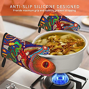 Wolla-ST Colorful Hispanic Oaxaca Mexican Mayan Tribal Boho Bohemian Oven Mitts 1 Pair Kitchen Heat Resistant Nonslip Silicone Oven Gloves Potholders Set for Cooking Baking BBQ, One Size, Black