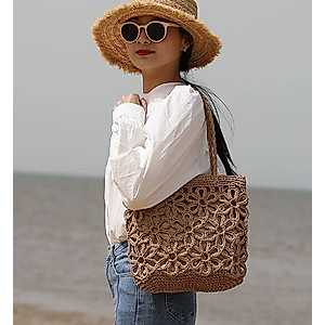 Womens Top Handle Straw Beach Tote Bags Floral Shoulder Bag Beach Bag Large Size Satchel Purses Woven Shoulder Bag