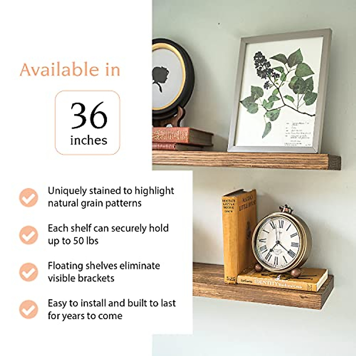 Willow & Grace Wall Mounted Wooden Floating Shelves, Wall Shelves for Bedroom, Bathroom, Living & Laundry Room, Kitchen, Decor - Rustic Farmhouse Small Wood Shelf - Light Walnut (36 Inch Set of 2)