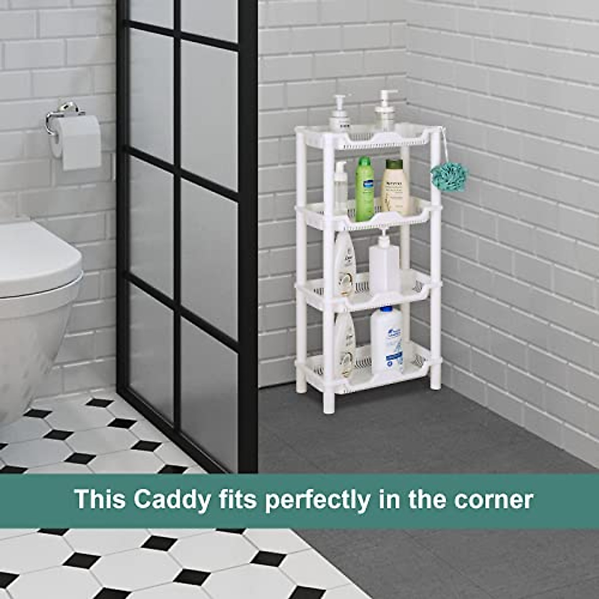 ELYKEN 4 Tier Shower Caddy Organizer Shelf Standing, 15.8 x 8.1 x 31.5 Inches, Rustproof, Plastic Floor Storage Rack for Bathroom, Countertop, Shower pan, Narrow Place, White