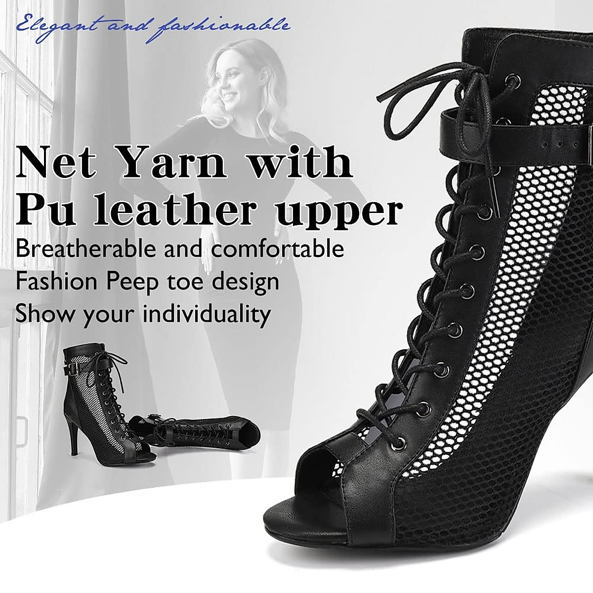 VCIXXVCE Women's Dance Heel Booties High Heels Black Peep Toe Ballroom Heels 4 Inch Dance Shoes Latin Salsa Zipper Dancing Shoes, 8 US