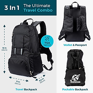 Travsessed 3 in 1 Travel Backpack, w/ Built In Anti-Theft RFID Passport Holder, Travel Wallet & Phone Pouch, Airline / Flight Approved Carry on Backpack, Packable Daypack for Men/Women Black