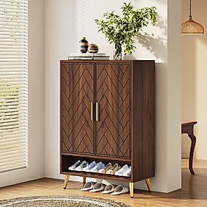 Tribesigns Shoe Cabinet with Doors, 6-Tier 18 Pairs Shoe Storage Cabinet for Entryway, Wooden Entryway Shoe Cabinet with Adjustable Shelves for Living Room, Bedroom (Walnut, Gold Legs)