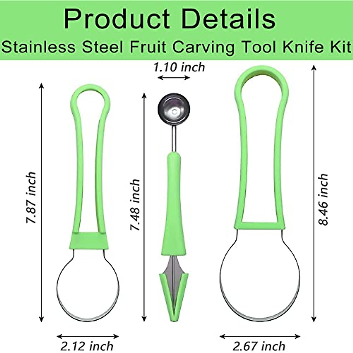JTDEAL Melon Ball Scoop Set, Multifunctional 4 in 1 Stainless Steel Fruit Carving Tool Knife Set, Fruit Platter Carving Fruit Plate Small Tool, Cantaloupe Watermelon Ball Scoop (Green)